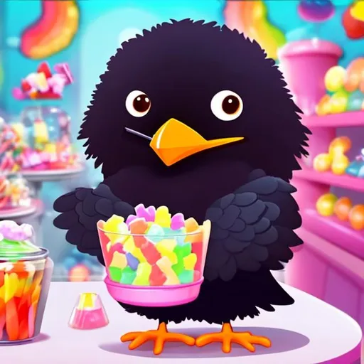 A cute happy cartoon fluffy crow eating candy in a c...