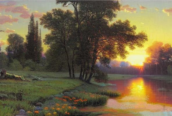 Pond, sunset, beautiful artwork by ivan shishkin | OpenArt