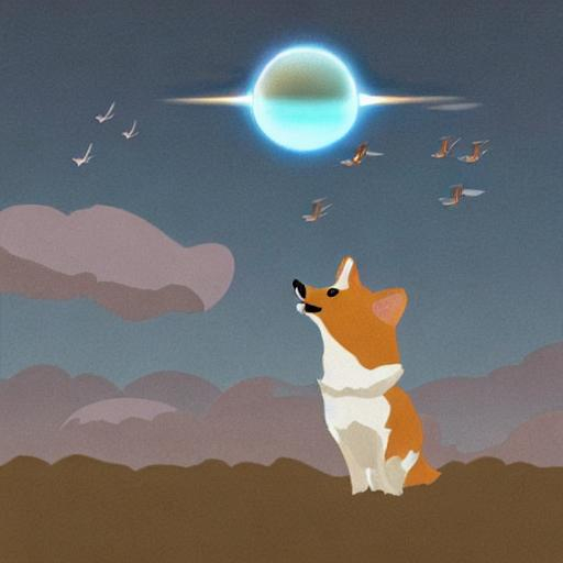 A corgi flying in the sky with birds. Uranus in the... | OpenArt