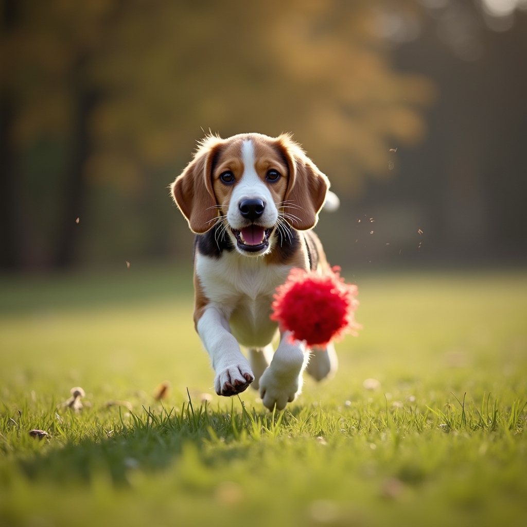 beagle chasing a red ball of wool