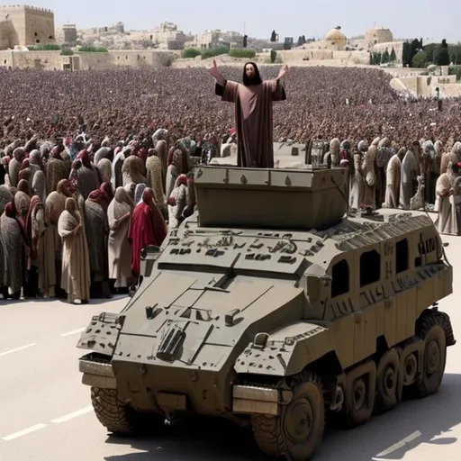 Jesus leads armored vehicle parade into Jerusalem UHD | OpenArt