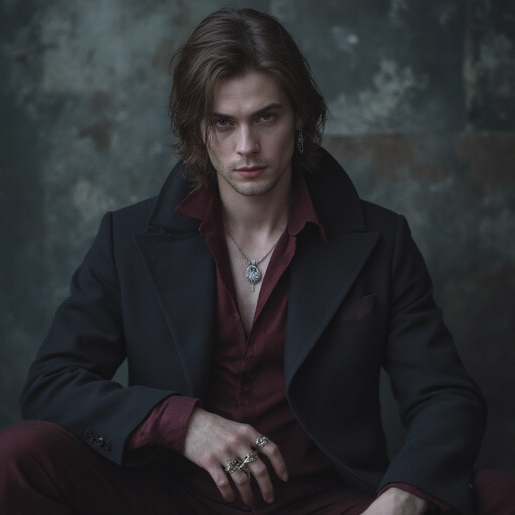 handsome male vampire, charming and enigmatic appear...