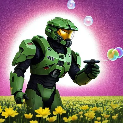 master chief blowing bubbles in the center of a flow...