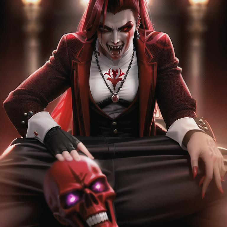 Vampire with bloody fangs, Detailed tattoo's, red sk...