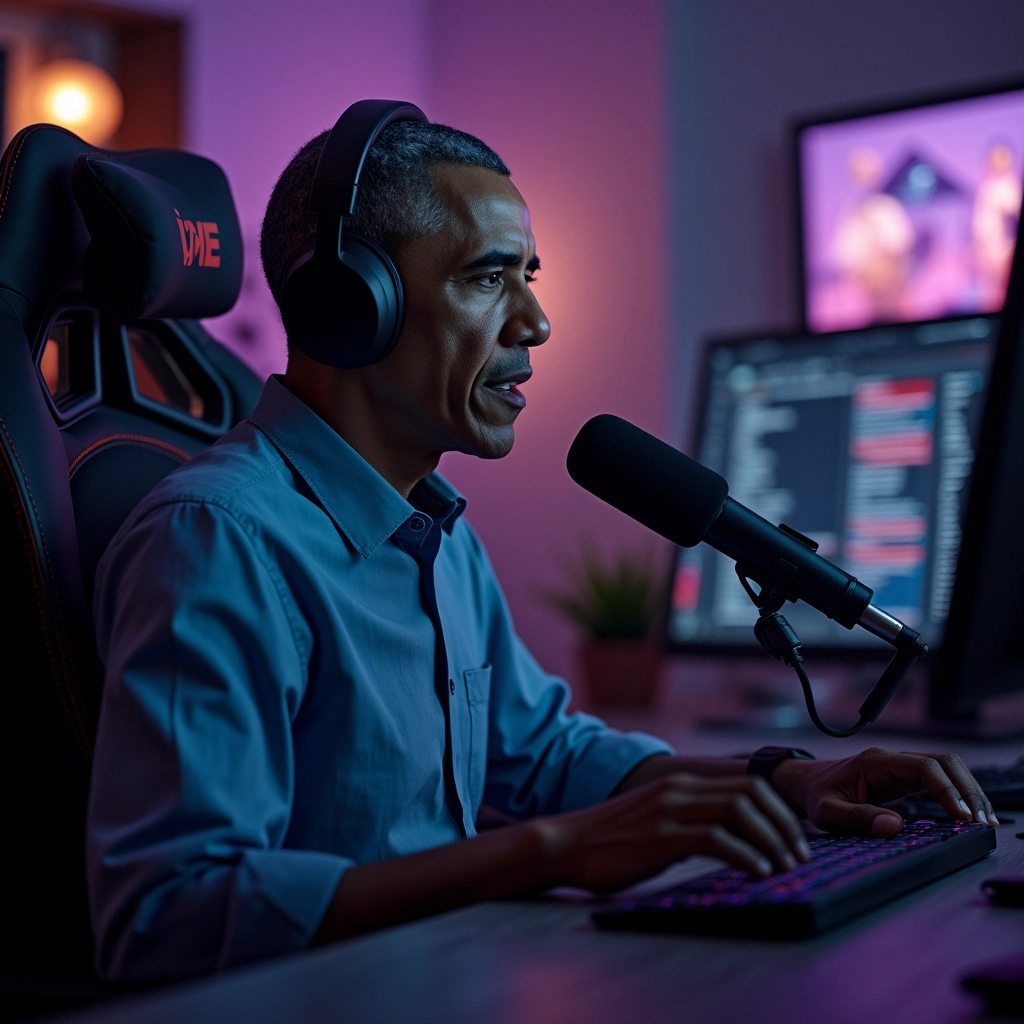 Picture of Obama sitting in a gamer chair with headp...