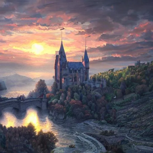 Beautiful castle sunset, oil painting, UHD, 8k, Very...