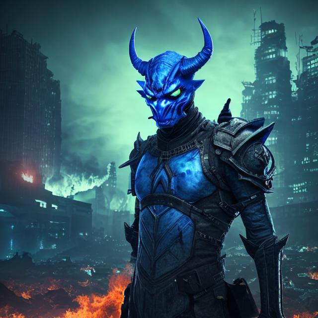 BLUE Devil, burning, in toxic city at Night, dark moon