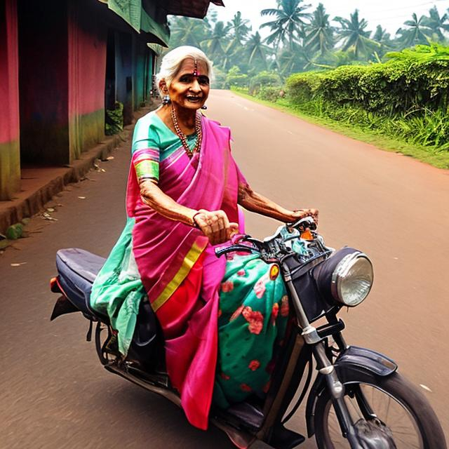 a old lady riding bike with saree in kerala