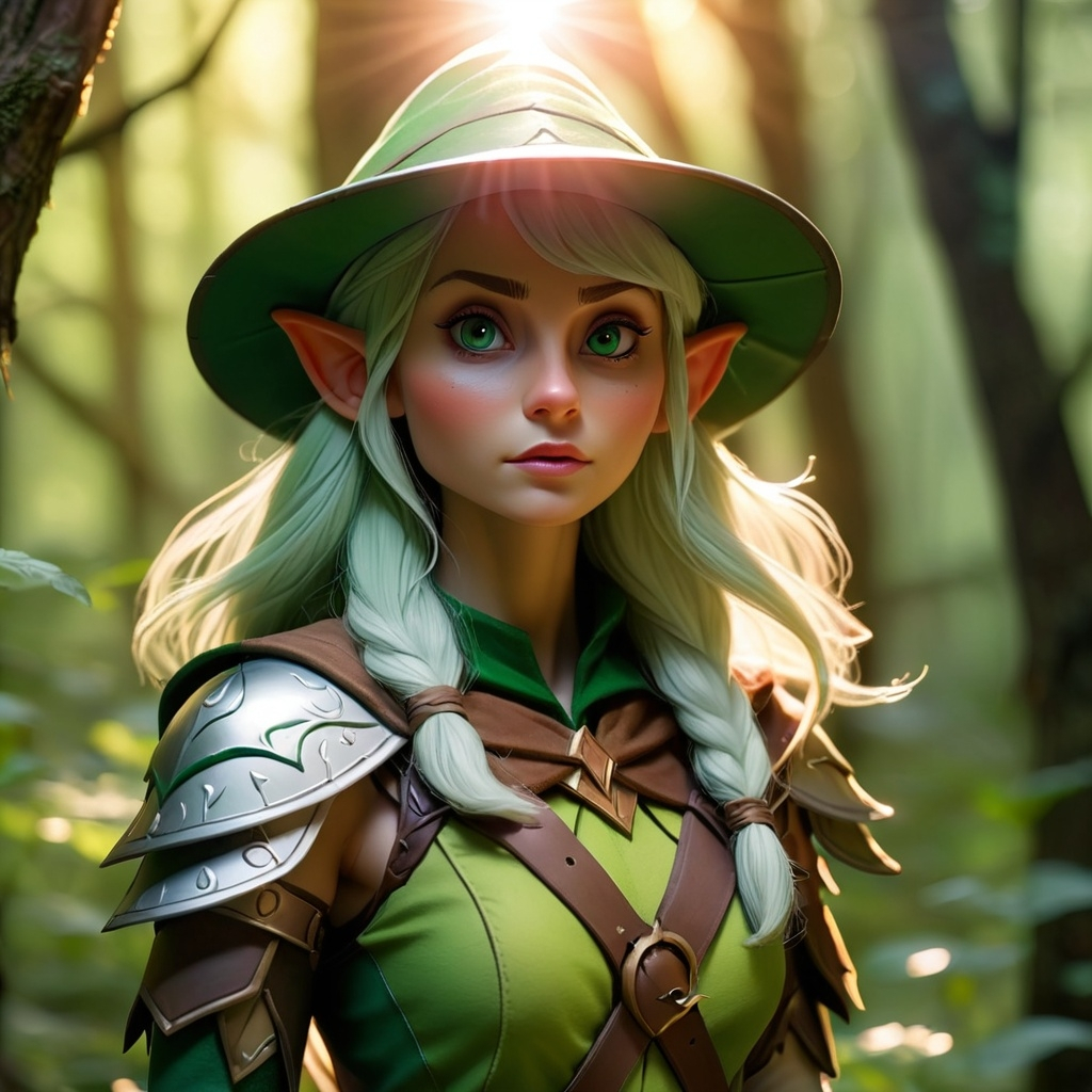 Elf ranger in a mystical forest around sunlight