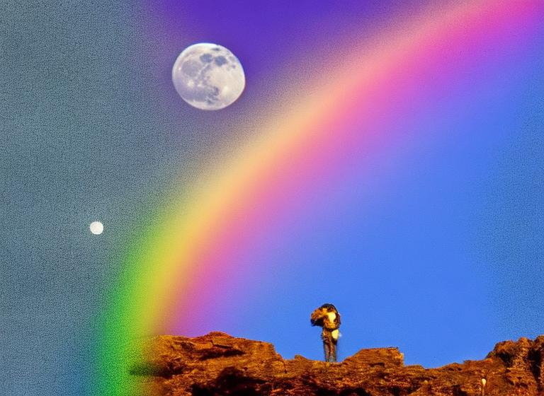 the moon shooting rainbows to the earth