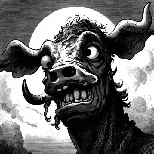 An anthropomorphic evil cow, looking from the sky at... | OpenArt