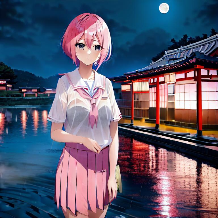 Girl with pink hair , night, moon, anime, city, trai...