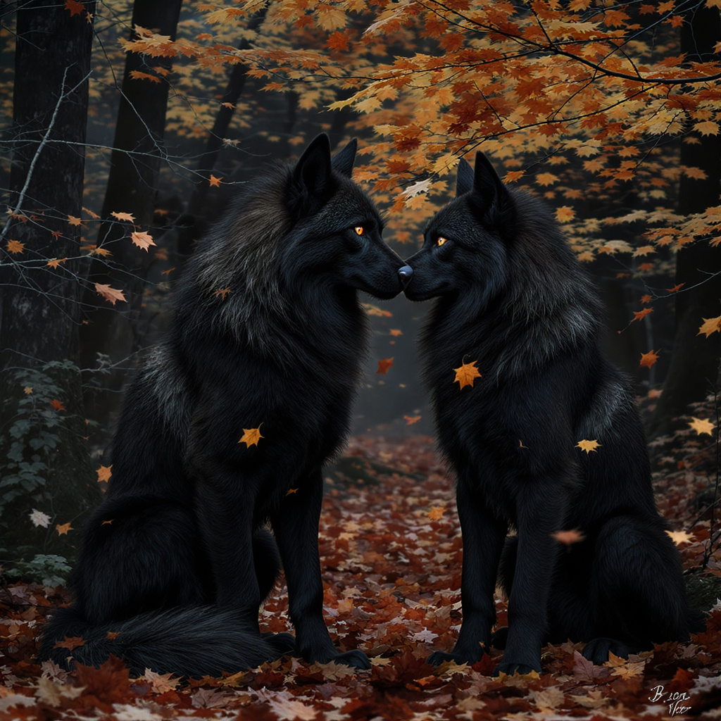 Make a two werewolves in a forest with falling leave...
