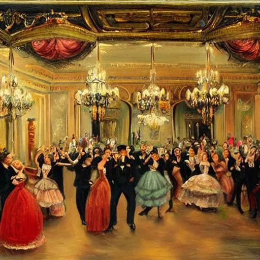 an oil painting of a 1880's European ballroom with h... | OpenArt