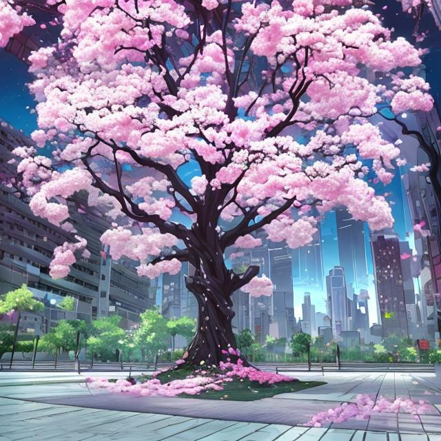 A liminal Blossom tree in a anime city