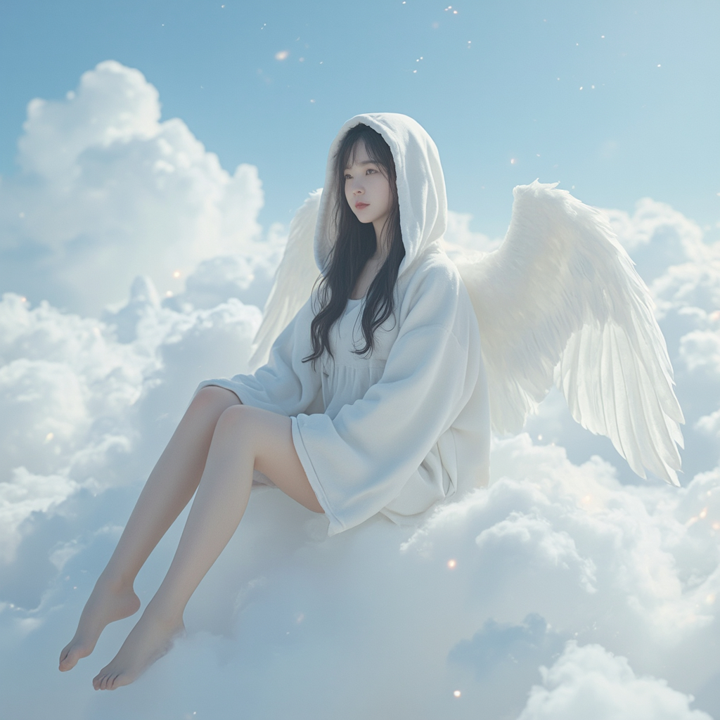 A Korean woman angel sitting on a cloud on a sky wea...