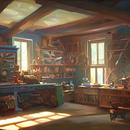 A painting of a painter's workshop with paints and b...