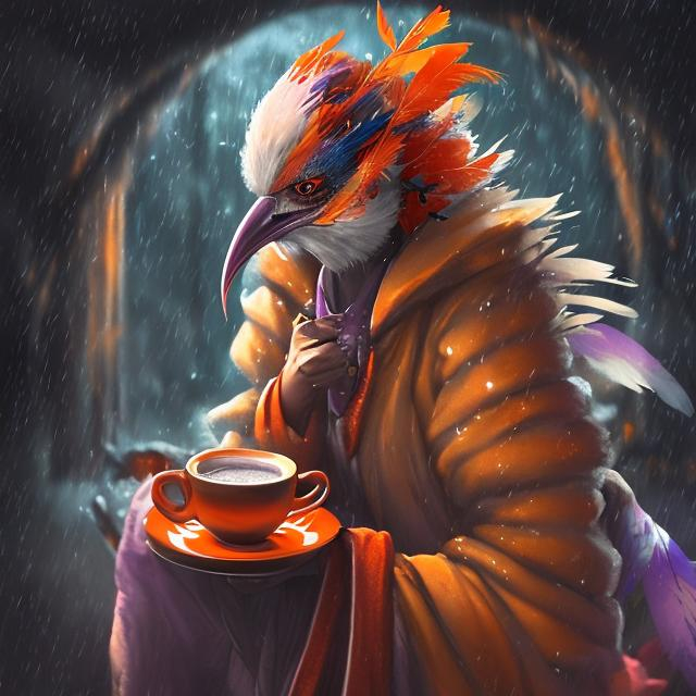 An female tengu with orange and purple feathers, rai...