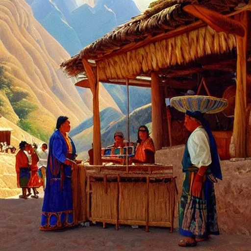 a beautiful painting, of two Inca villages talking,... | OpenArt