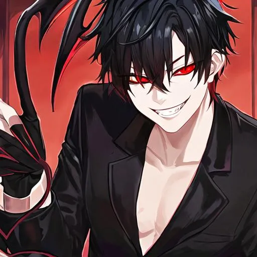Damien (male, short black hair, red eyes), demon for... | OpenArt