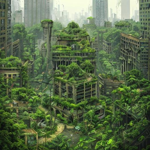 Abandoned city overgrown by plants