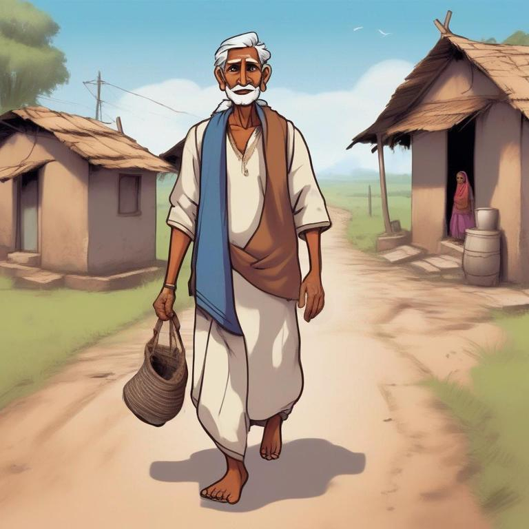 front facing, rural Indian man walking down the stre...