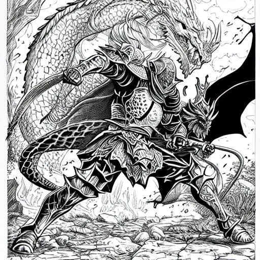 black and white coloring page of a knight fighting a... | OpenArt