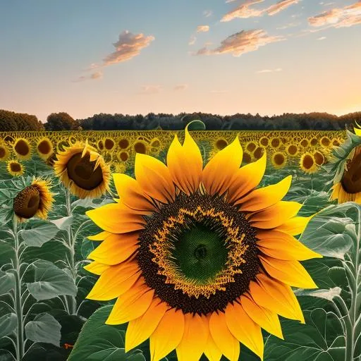 A field of sunflowers in the background, one large b... | OpenArt
