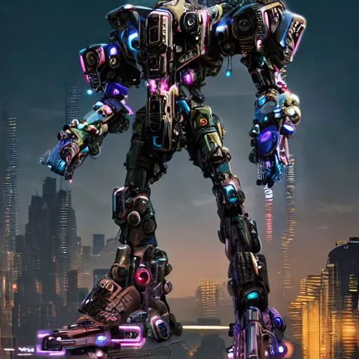 Mech, tall, robust, battle scared, cyberpunk, neon p... | OpenArt