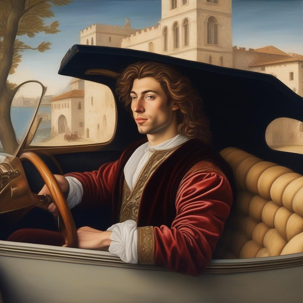 Handsome young and rich medieval man driving a luxur...