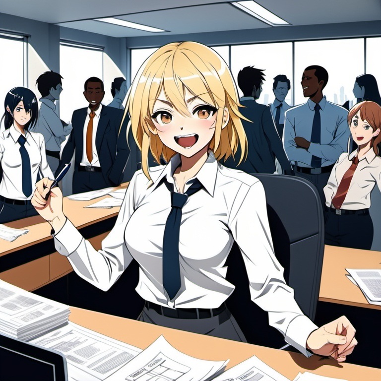 Mikazuki Kan anime style. Set in a chaotic office A...