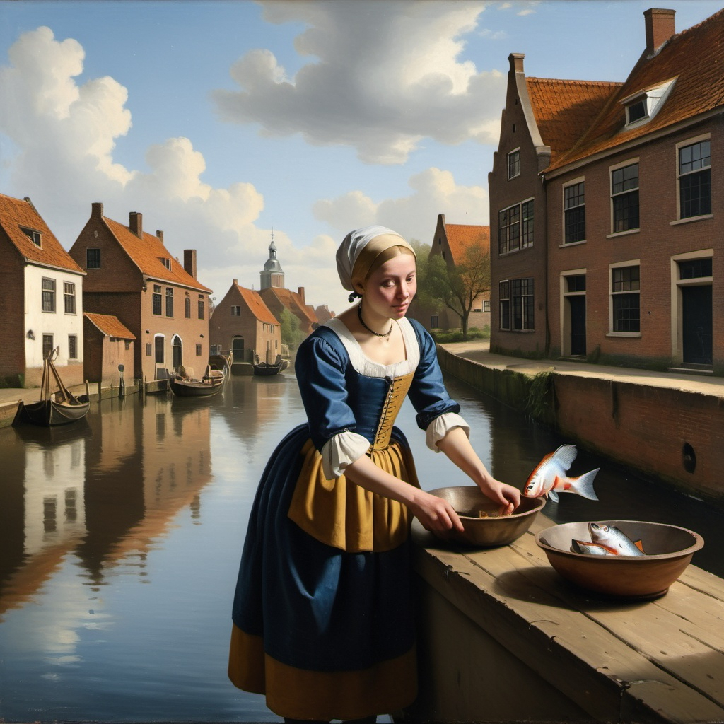 A Dutch master painting in the style of Vermeer that...