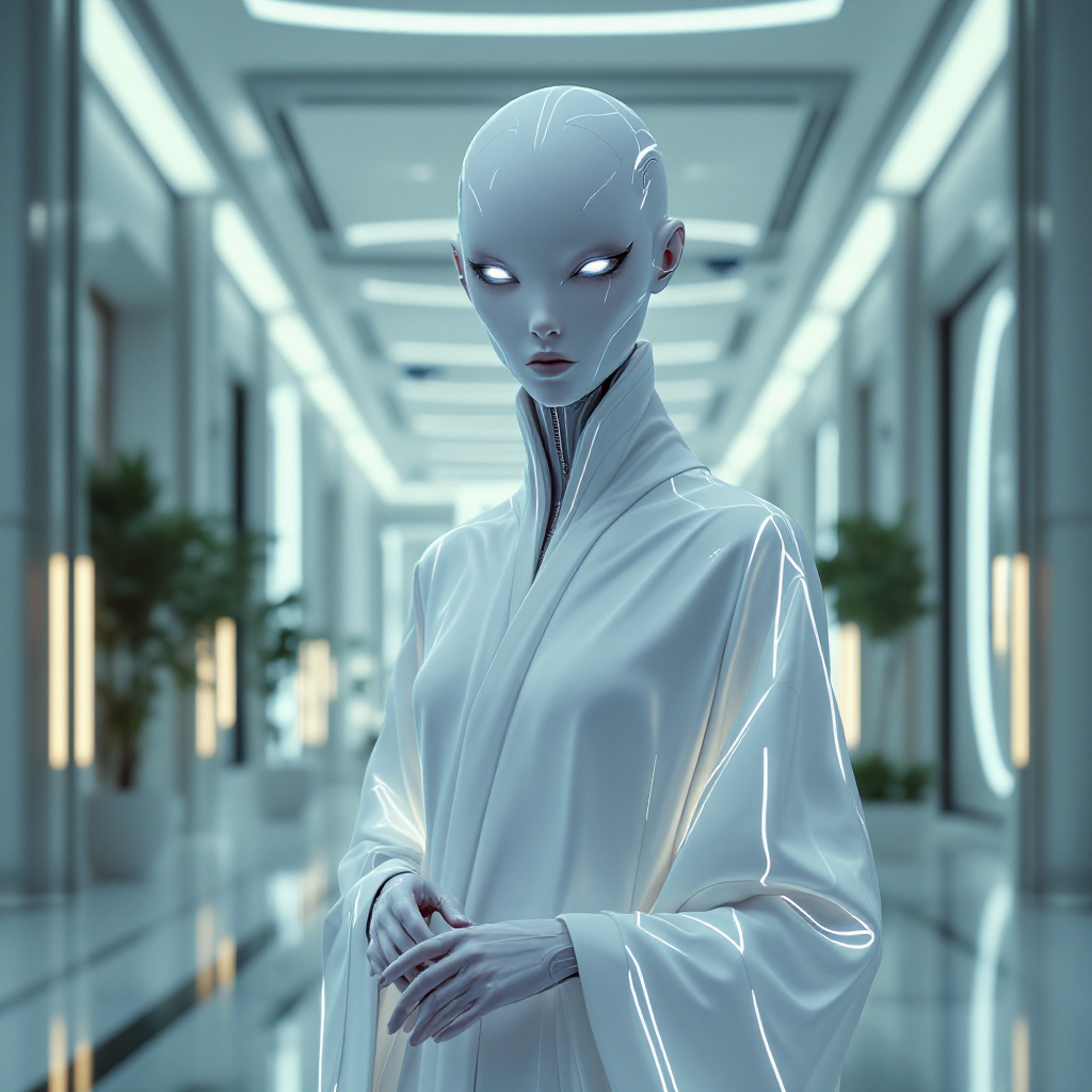 A tall, androgynous anthroid with a serene, unreadab...