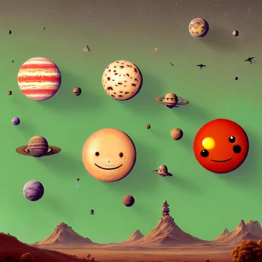 A solar system of lemmon planets with smiley faces. | OpenArt