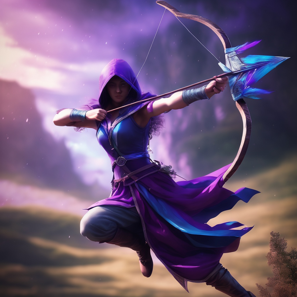 arcane arrow flying from a wooden bow, magical purpl...