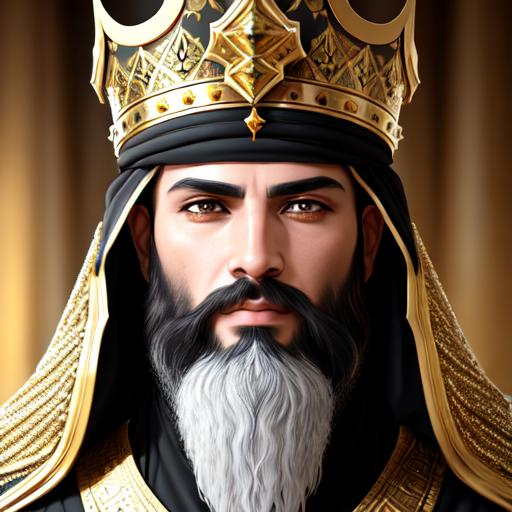 middle eastern king with silver and gold armor , lon...