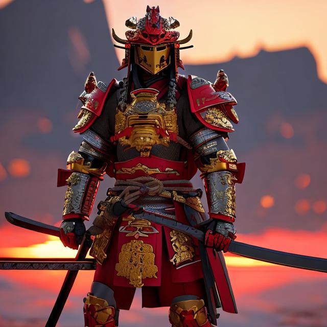Samurai with red armor and dragon themed helmet, gol...
