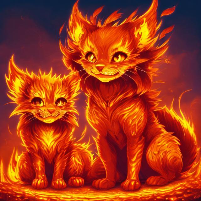 Vibrant digital illustration of a fire kitten and fi...