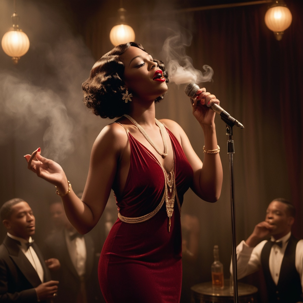 A soulful black jazz singer, dressed in a luxurious...
