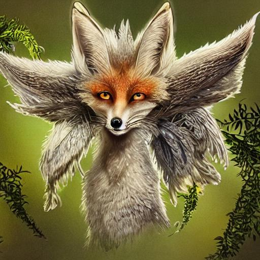 insanely detailed gorgeous winged fox, moss growing...