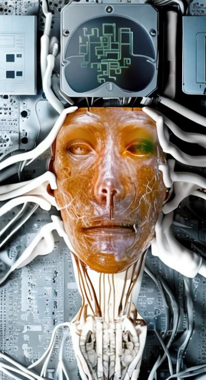 The human head cut open revealing a computer mind