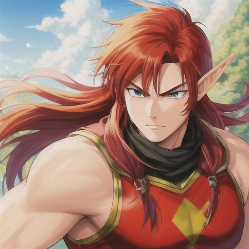 anime art style, half-elf man with red hair and stro...