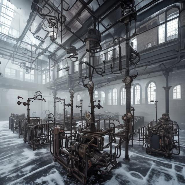 A school with dark whimsical steampunk industrial ar...