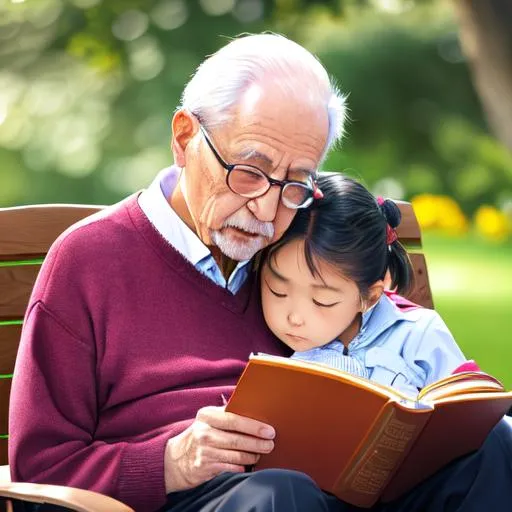 Elderly Man, reading a book out loud, child sitting...
