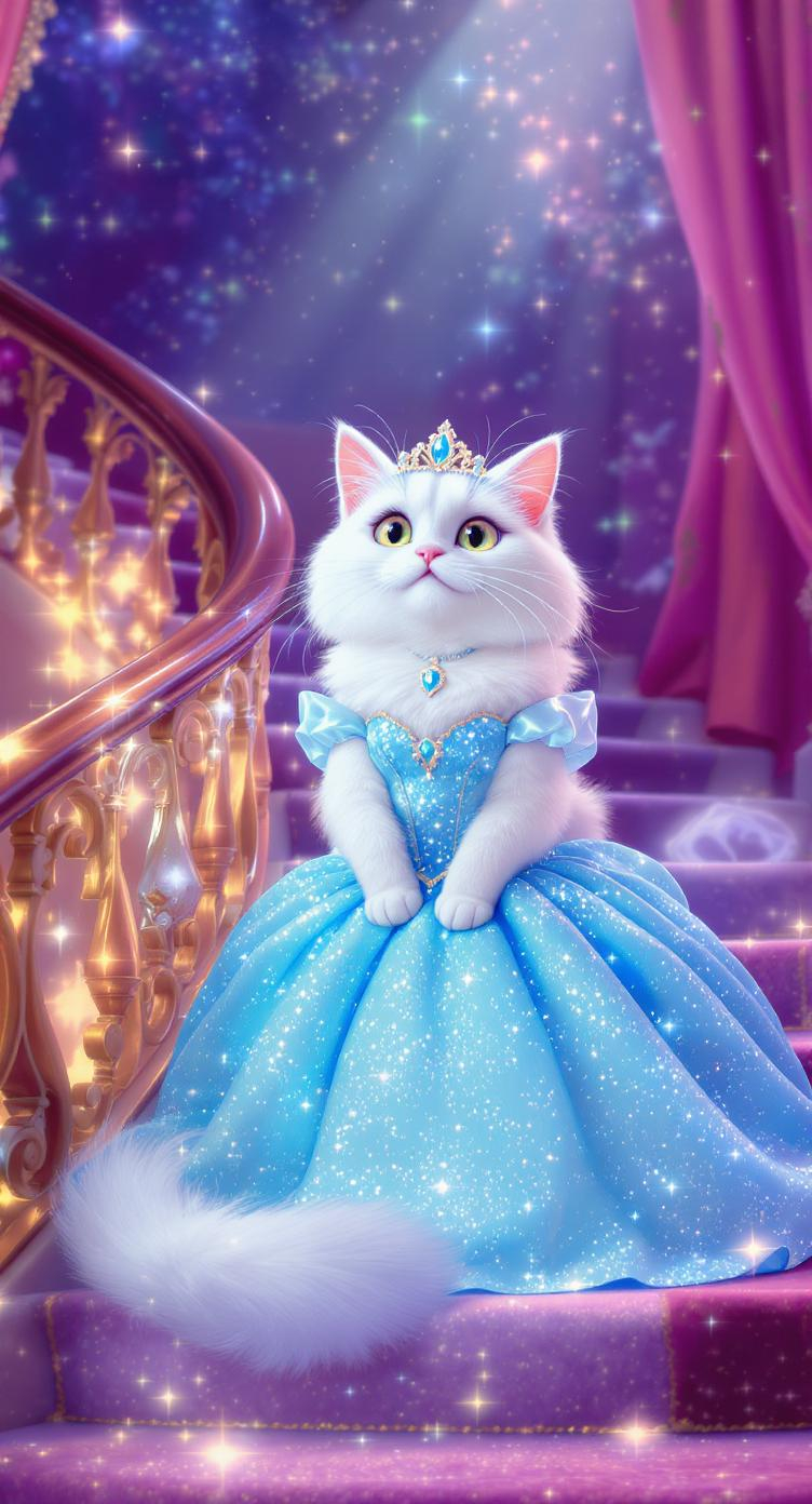 A fairytale-style white cat wearing a sparkling blue...