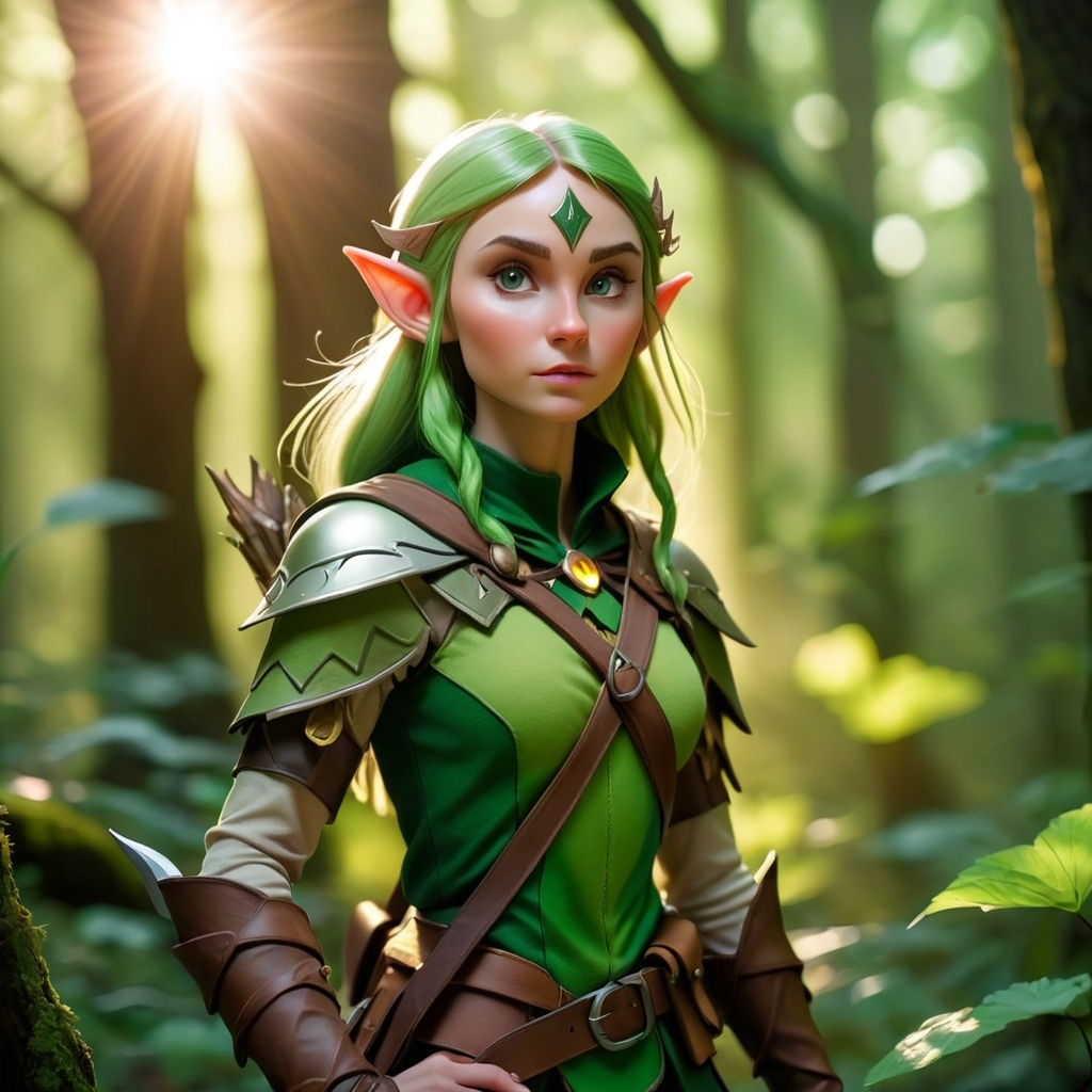 Elf ranger in a mystical forest around sunlight