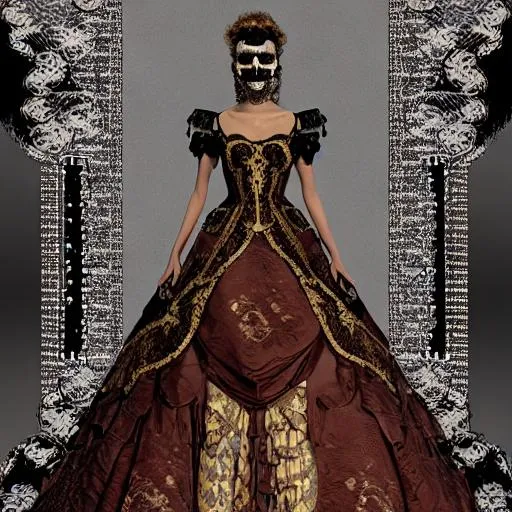 Model Lady, SKULL face, wearing ornate Victorian gow...