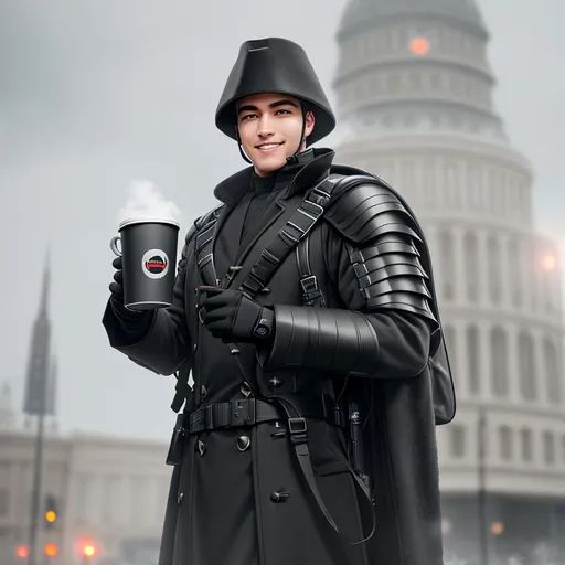 soldier smiling in black overcoat armor with backpac... | OpenArt