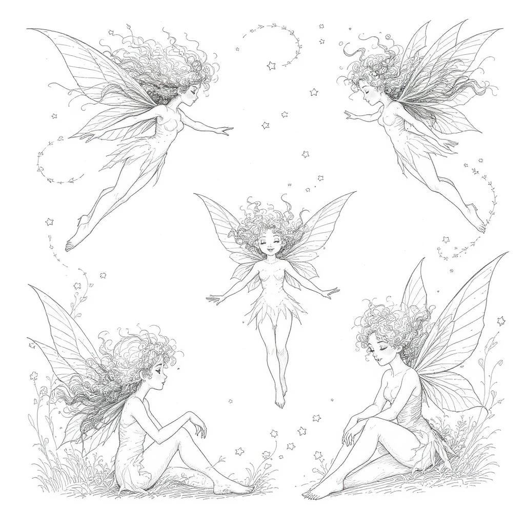Fairies with wild curly hair sketch for childrens bo...