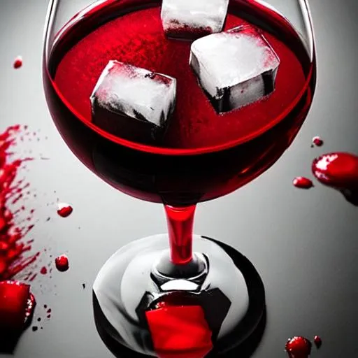 A tilted wine glass, filled with blood and ice cubes...